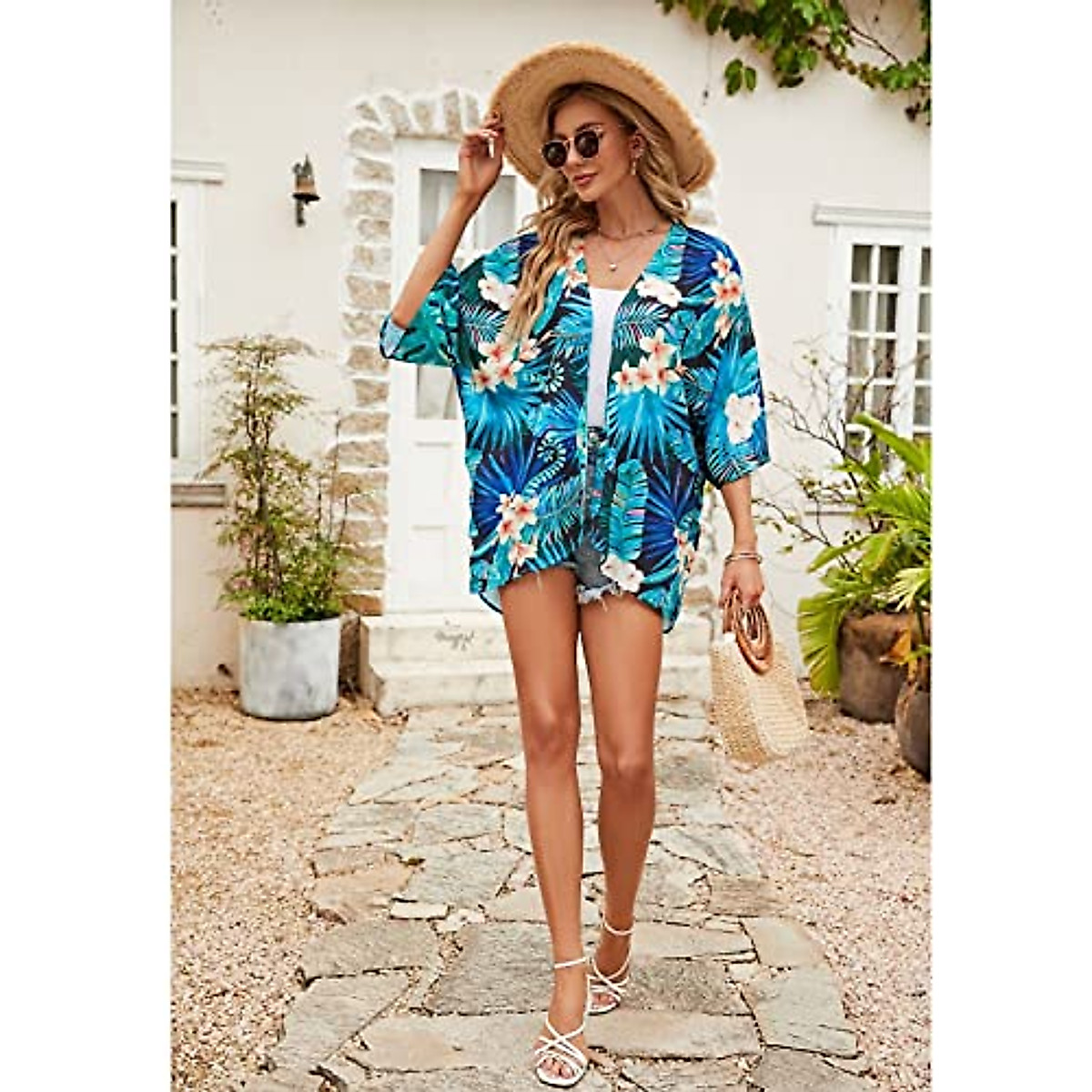 Women Chiffon Kimono Cardigans Tropical Tops Hawaiian Shirts Summer Beach Sheer 3/4 Sleeve Leaf Print (Black, M)