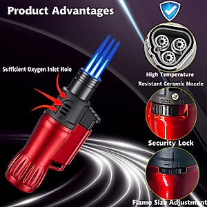 Torch Lighter, 3 Pack Triple Jet Flame Butane Lighters, Adjustable Windproof Flame Lighter with Flame Fixed Lock, Durable Portable Lighters for Candle Camping Kitchen Family Use(without Butane Gas)