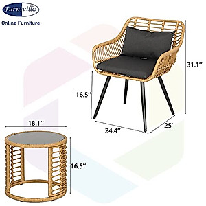 Furnivilla Patio Porch Furniture Sets 3 Pieces PE Rattan Wicker Chairs with Tempered Glass Table for Backyard Garden Porch (Beige/Black)