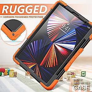 CLARKCAS Case for iPad Pro 12.9 inch Case 6th 2022 2021 5th Generation iPad Pro 12.9 Inch 2020 4th Gen with Screen Protector Pencil Holder Kids Shockproof Silicone Cover 360 Stand Hand Strap Orange