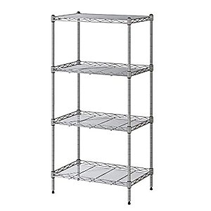 VOONEEN 4 Tier Shelf Shelving Units, Multipurpose Metal Modern Small Storage Rack with 4 Hooks, Stainless Steel Wire Organisation Suitable For Pantry Kitchen Livingroom Bathroom Office, 45*30*90 CM
