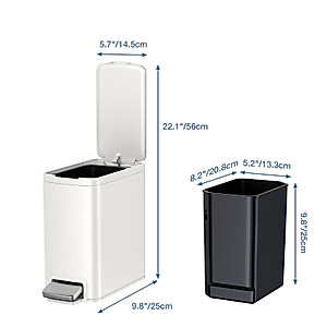 Bscann Bathroom Trash Can with Soft Close Lid,6 Liter / 1.6 Gallon Stainless Steel Step Garbage Can with Removable Bin,White Trash Can for Bathroom,Bedroom,Office(White)