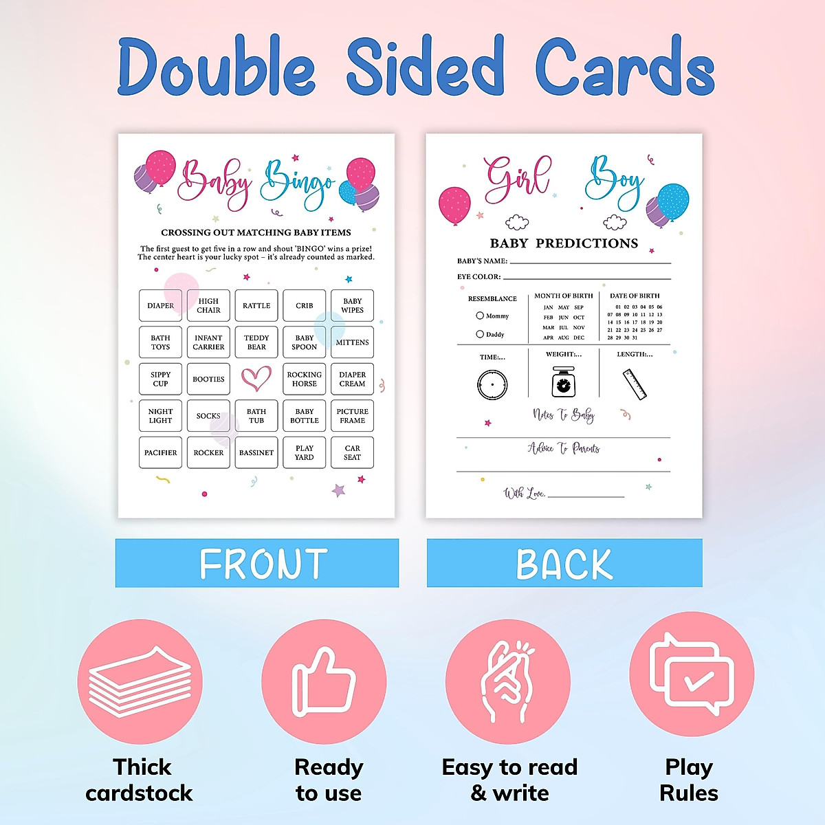 WOODAMORE Baby Gender Reveal Games for Guests - 4 Funny Baby Shower Games for Gender Reveal Party Decoration, Baby Shower Bingo Game, Boy Or Girl Gender Reveal Baby Prediction Cards, Old Wives Tales