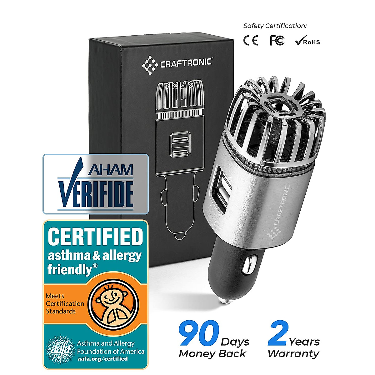 Craftronic 2.0 Ionic HEPA Car Air Purifier - (5.6 million of Negative Ions) Remove Cigarette Smoke & Allergens, Bacteria, Pollutants, Gases (VOCs) + Anti-Microbial Deodorizer Freshener (Silver)