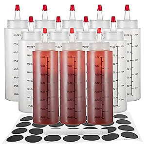 Squeeze Bottles, 12 Pack of 8 oz Plastic Condiment Squeeze Bottles with Red Caps - Great for Ketchup, Sauces, Icing, Cookie Decorating, Crafts, Liquid