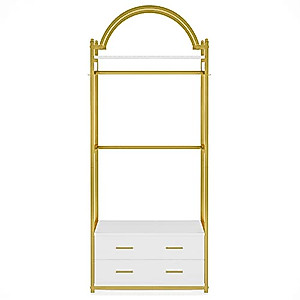 LITTLE TREE Tall Clothes Rack Shelves with Shelves Drawers and Hooks, Modern Arced Closet Organizer Heavy Duty Garment Clothing Freestanding Wardrobe Storage Shelving with Hanging Rod, White Gold