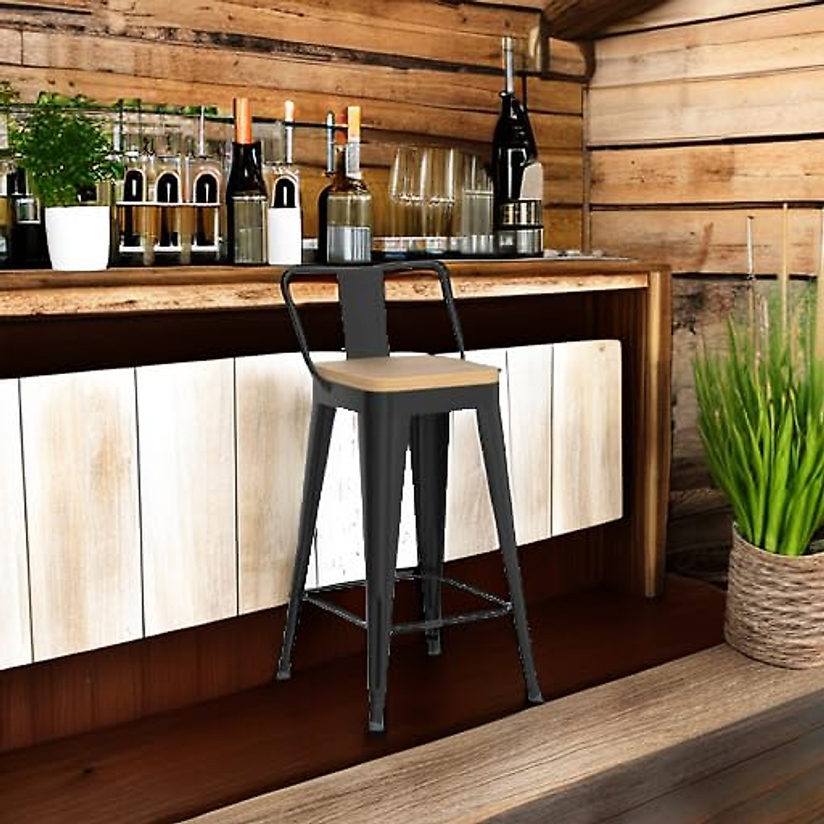 WENTMENT Metal Bar Stools Set of 4 Counter Height Bar Stools Barstools with Removable Back 24" Kitchen Bar Stools with Wooden Seat, Black