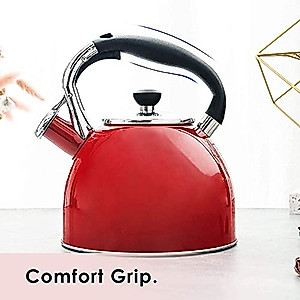 Rorence Whistling Tea Kettle: 2.5 Quart Stainless Steel Kettle with Capsule Bottom & Heat-resistant Glass Lid (Red)