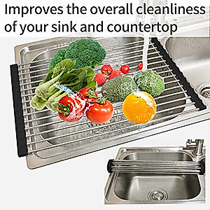 Ahyuan Roll up Dish Drying Rack Over The Sink Kitchen Roll up Sink Drying Rack Portable Dish Drainer Foldable Dish Drying Rack (Stainless Steel 17.7''X11.8'', Black)