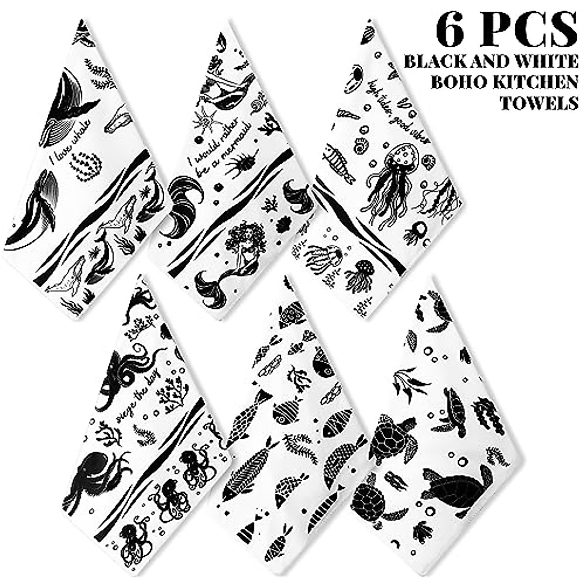 Newwiee 6 Pieces Boho Kitchen Towels Black and White Funny Dish Towels Ocean Animal Themed Tea Towels Absorbent Towels for Boho Housewarming Gifts Kitchen Decoration, 16 x 28''