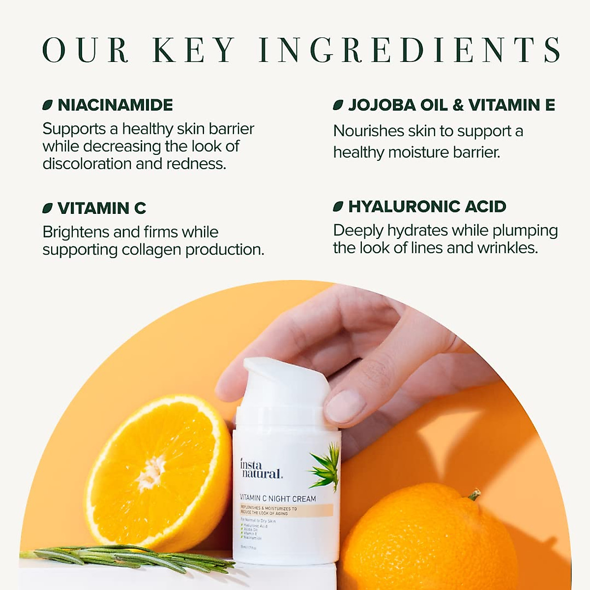 InstaNatual Vitamin C Night Cream, Night Moisturizer for Face with Hyaluronic Acid, Jojoba Oil, Vitamin E and Niacinamide, Vitamin C Face Cream