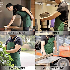 RockyToy Chef Apron with Pockets, Cotton Canvas Apron for Artists Painting, Kitchen Cooking for Men and Women, Adjustable Size S-XXL, Green