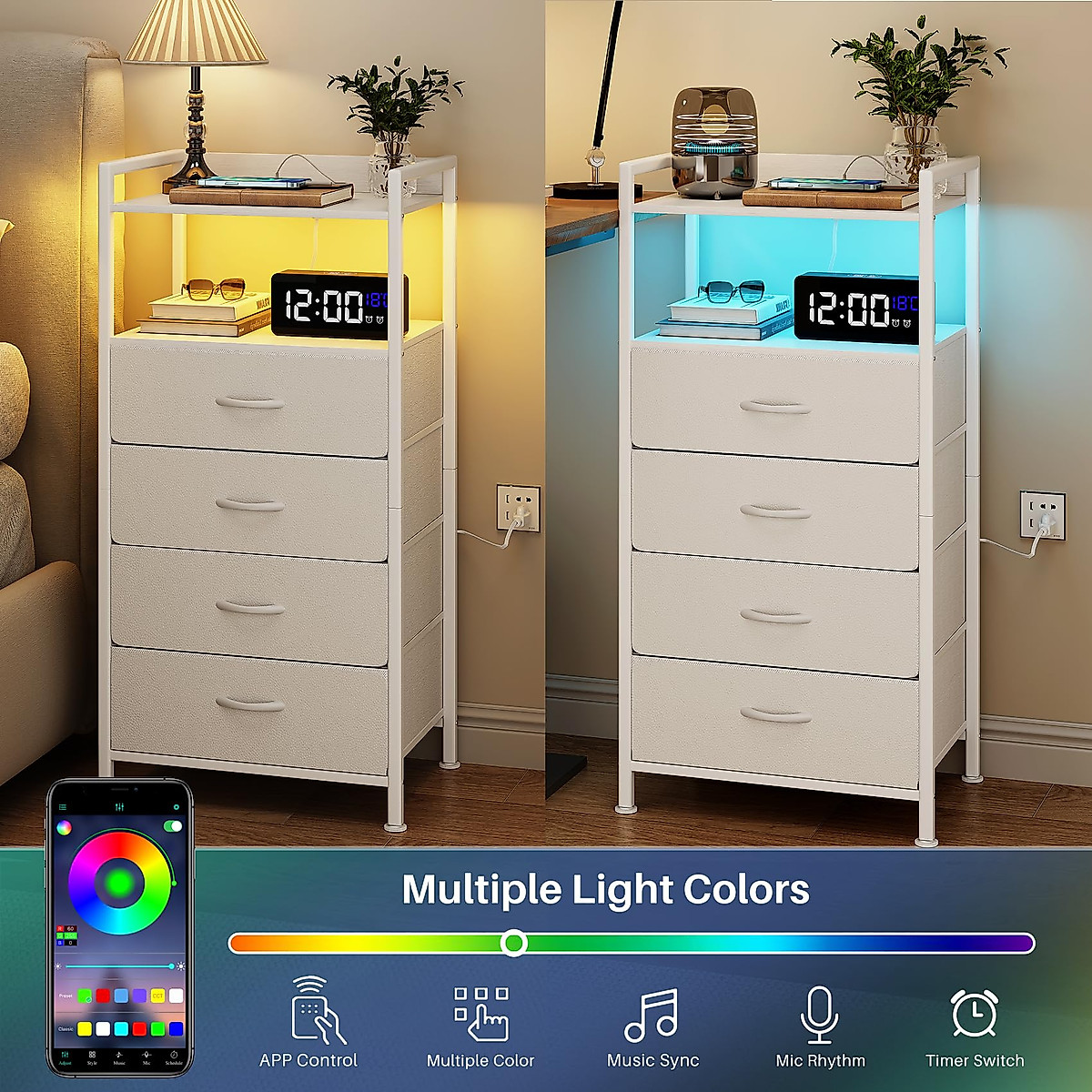 Kitstorack Night Stand with Charger Station and LED Light White Nightstand with Drawers Bedside Table Tall Nightstand 4 Fabric Drawers