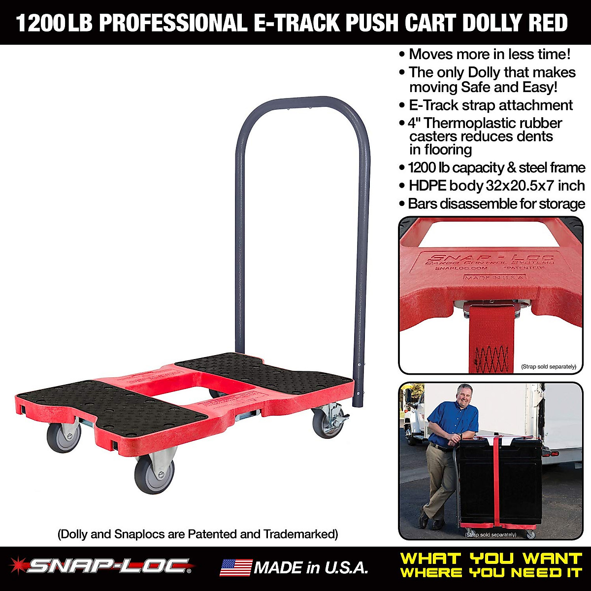 SNAP-LOC 1200 LB Professional E-Track Push CART Dolly RED