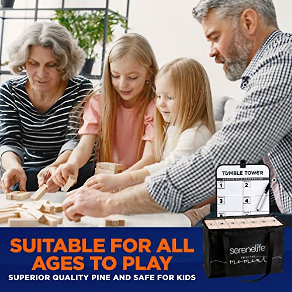 Serene Life 56 PCS Giant Tumble Tower Game - Non-Toxic Pine Wooden Stacking Timber Blocks Set with Zippered Carrying Bag, Book Scoreboard - Classic Jumbo Wood Block Outdoor Game for Kids and Adults