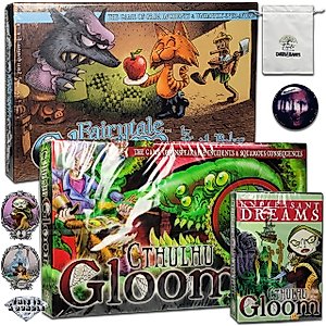 Terror, Insane and Madness Possibilities with Fairy Tales Gloom Cthulhu Card Games and The Expansion: UNPLEASANT Dreams Bundle with Random Color Drawstring Bag Plus 1inch Darkness Token
