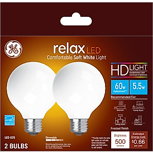 GE Relax LED Globe Light Bulb, 5.5 Watts (60 Watt Equivalent) Soft White HD Light, Frosted Finish, Medium Base, Dimmable (2 Pack)