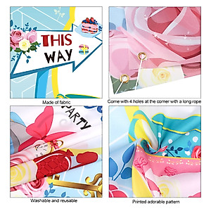 HOWAF Tea Party Birthday Party Banner, Large Fabric Alice Background Banner for Partea Birthday Party Decorations, Tea Kettle, Cupcakes, Butterfly Arts and Crafts for Outdoor Garden