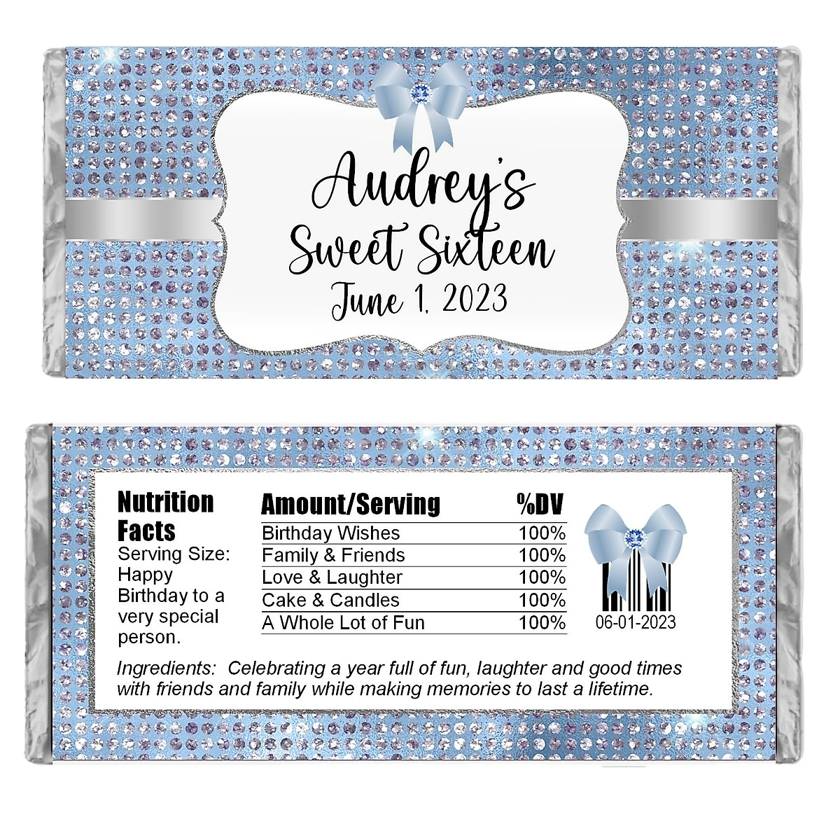 Personalized Candy Wrappers, Birthday Party Favors, Custom Chocolate Bar Labels, Pack of 20 (Blue)