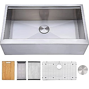 VESLA HOME 33 inch Farmhouse Sink, 304 Stainless Steel Single Bowl Workstation Kitchen Sink, Handmade 16 Gauge 9 inch Deep Apron Sink Farm Sink with Accessories