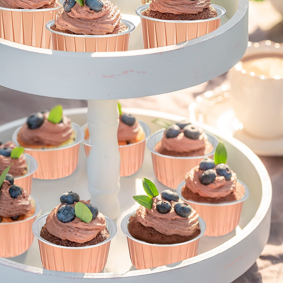 Gejoy 200 Pack Aluminum Foil Cupcake Baking Cups 5oz Rose Gold Cupcake Liners Dessert Cups with Lids Disposable Cupcake Cups Mini Cake Containers Flan Molds Tin Mini Muffin Liners for Wedding Birthday