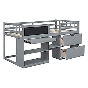BOVZA Twin Size Low Loft Bed with Rolling Desk and Storage Shelves, Wooden Loft Bed Frame with 2 Drawers and Chalkboard for Kids Teens Boys Girls, Gray