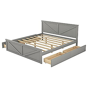 RORIGAT King Size Platform Bed, Wooden Platform Bed Frame with 4 Storage Drawers and Support Legs, No Box Spring Needed, Gray