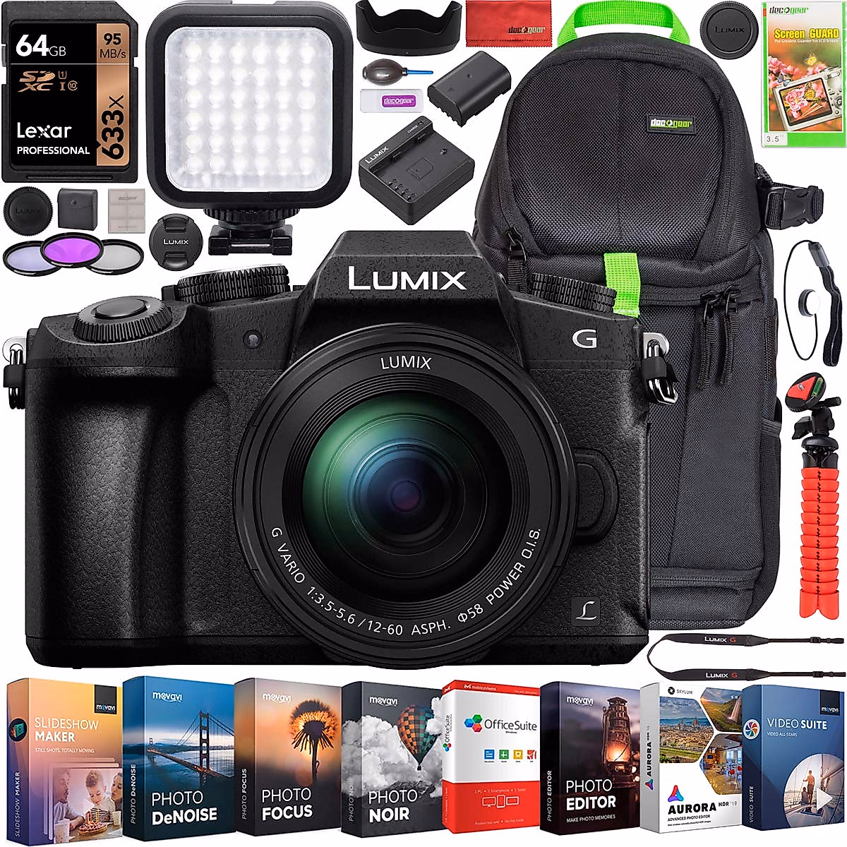 Panasonic DMC-G85MK LUMIX G85 Mirrorless 4K Camera with LUMIX G Vario 12-60mm F3.5-5.6 Lens Bundle w/Deco Gear Backpack + Photo Video LED + Filter Kit + Tripod + 64GB + Software & Accessories