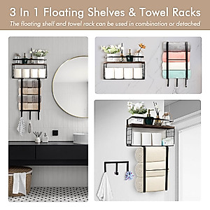 Behaesty Towel Racks for Bathroom, Wall Towel Holder for Rolled Towels with Wooden Shelf & 3 Hooks, Bathroom Towel Storage for Large Towels, Small Towels, Hand Towels, Bath Organizer Decor