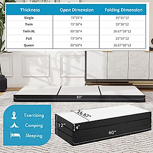 wOod-it Folding Mattress, 4 inch Tri-Fold Memory Foam Mattress Topper for Camping, Foldable Guest Bed, Portable Travel Mat with Washable Cover, 80"×60"×4", White