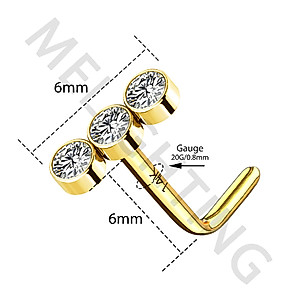 MeIighting 14K Gold Nose Stud L Shaped Nose Ring 20G with Round Cubic Zirconia Nose Piercing Jewelry for Women Men Real Gold