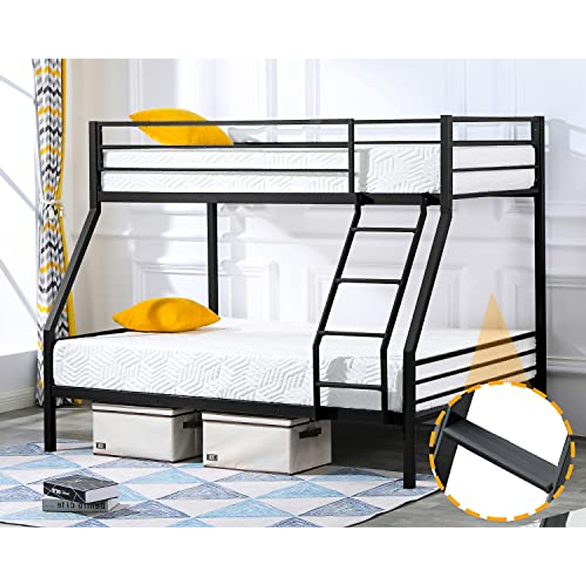 Bonnlo Twin Over Full Bunk Bed, Bunk Beds for Kids/Adults/Teens Bunk Bed with Stairs & Flat Rungs, Heavy Duty Metal Slat, No Box Spring Needed, Black