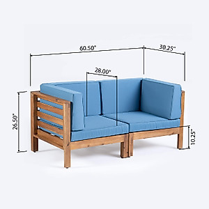 GDFStudio Outdoor Sectional Loveseat Set - 2-Seater - Acacia Wood - Outdoor Cushions - Teak and Blue