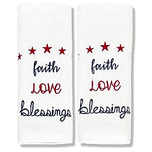 VCNY Home Patriotic White Hand Towels: Luxury Soft Absorbent Terry Cloth Embroidered American Sentiments: Faith Love Blessings, 16" by 28" Inch, 2 Piece