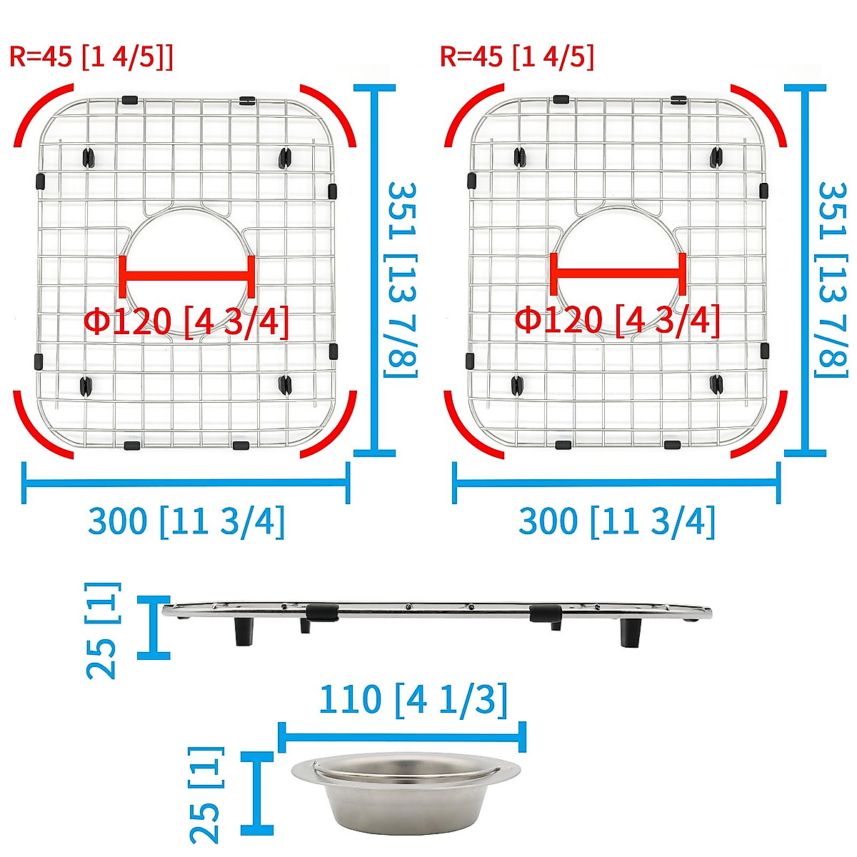 YORZSDI 304 Stainless Steel Sink Protectors for Kitchen Sink, 11-3/4" x 13-7/8" Sink Grid with Center Drain, Sink Rack for Bottom of Sink, Kitchen Sink Grid 2 pcs