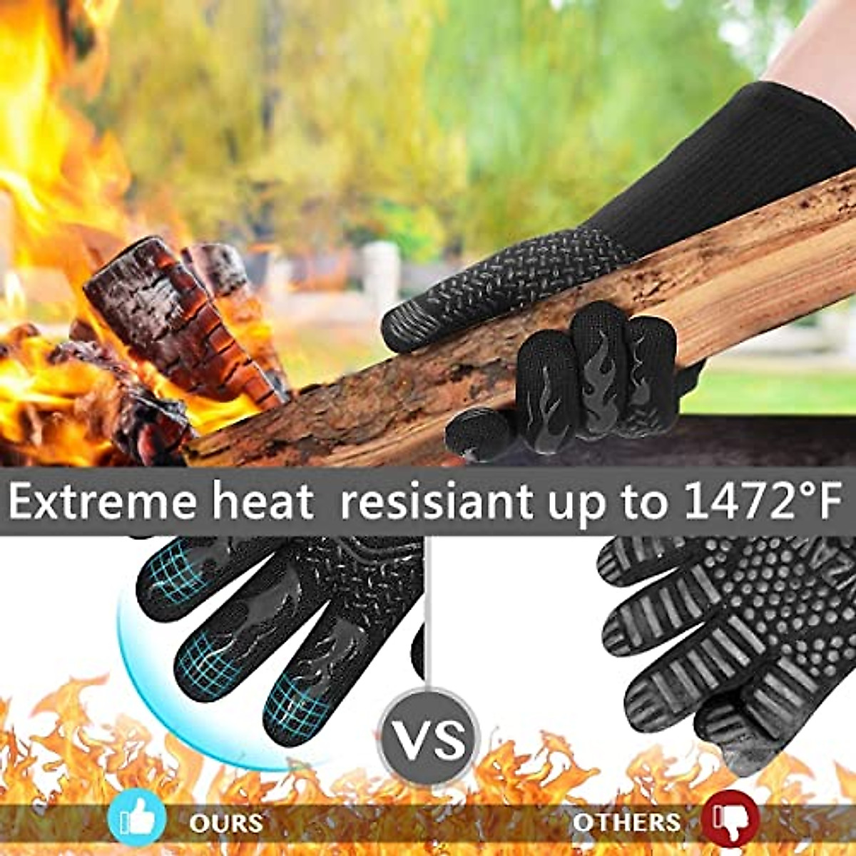 BBQ Fireproof Gloves - Grill Cut-Resistant Gloves 1472°F Extreme Heat Resistant, Silicone Non-Slip Oven Gloves for for Kitchen Garden BBQ Grilling and Outdoor Cooking Campfire