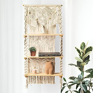 LIVALAYA 3-Tier Macrame Wall Hanging Shelf for Boho Hanging Wall Decor Shelves for Bedroom Bathroom, Nursery Bohemian Shelf for Cute Indoor Plants, Farmhouse Woven Rope Picture Holder Boho Bookshelf