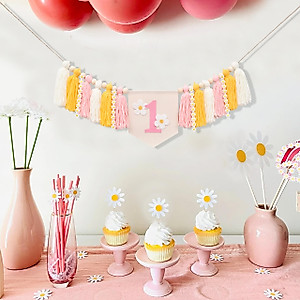Daisy 1st Birthday Highchair Banner - Pink Yarn Tassel Banner,Girl's Pastel Cake smash Garland,Boho 1st birthday decor,Daisy Theme First Birthday Party Decoration,Pink 1st Birthday Cake Smash Backdrop