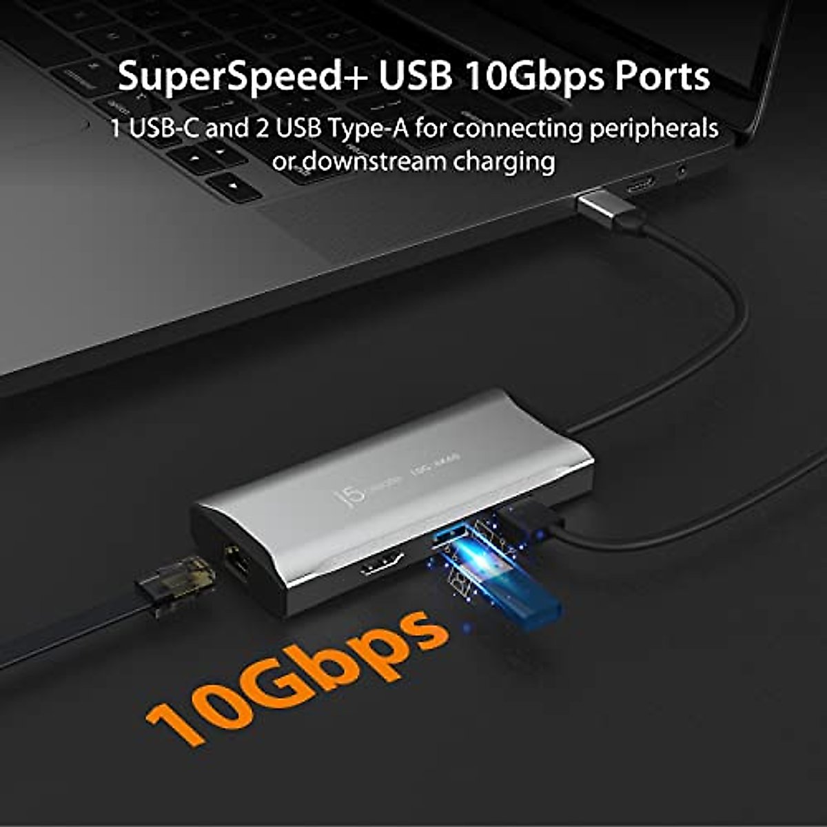 j5create USB C Hub - 4K 60Hz HDMI, 2 USB-A 10Gbps, USB-C 10Gbps with PD 100W, Ethernet, | Multiport Adapter for MacBook, ChromeBook, XPS, Surface Pro (JCD392)