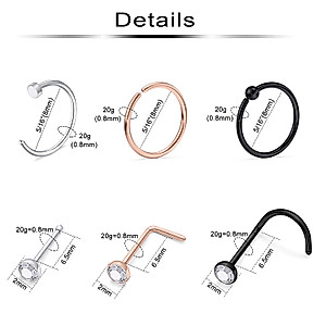 Ftovosyo 20g Nose Rings Studs Surgical Steel Nose Rings Hoop Piercing Jewelry for Women Men Set 45pcs Silver Rose Gold Black L Shaped Screw Nose Stud