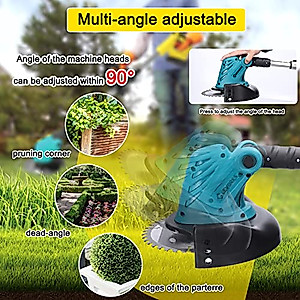 Geevorks String Trimmer/Edger, 21V Electric Weed Wacker Foldable/Telescopic Cordless Weed Eater with Wheels, Lawn Edger with 2PCS 2000mAh Rechargeable Battery/Fast Charger/ 3 Kinds of Blade-s