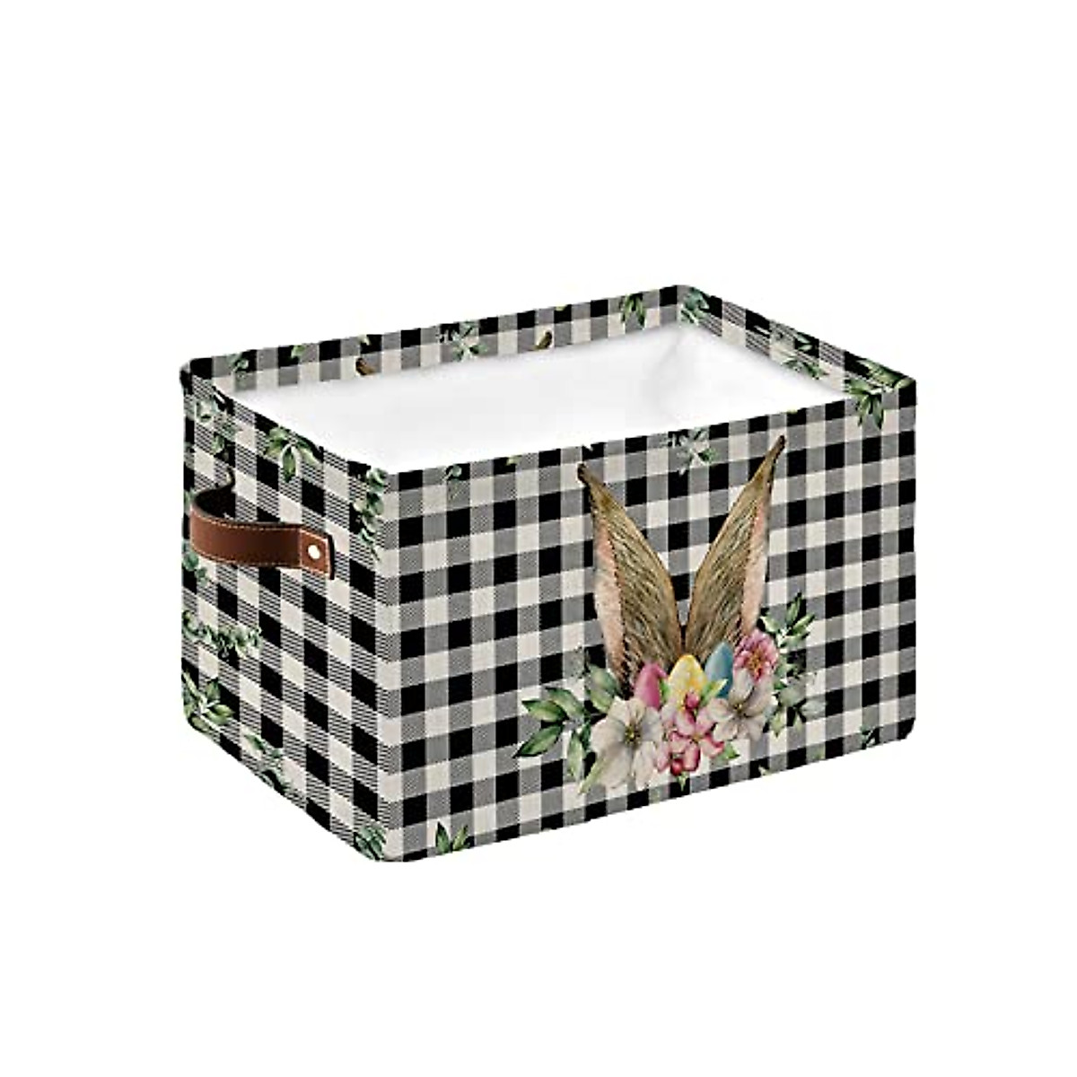 Easter Storage Bins with Handles, Rabbit Ears Eucalyptus Leaves Flower Black Buffalo Plaid Storage Basket for Shelves, Cube Storage Organizer Bins for Toys, Closet (1 Pack, 15" x 11" x 9.5")