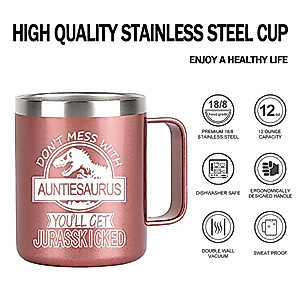 Auntiesaurus Cup Don't Mess with Auntiesaurus You'll Get Jurasskicked Stainless Steel Insulated Mug Birthday Mothers Day Gifts for Auntie Aunt from Nephew Niece Auntie Gifts 12OZ Rose Gold