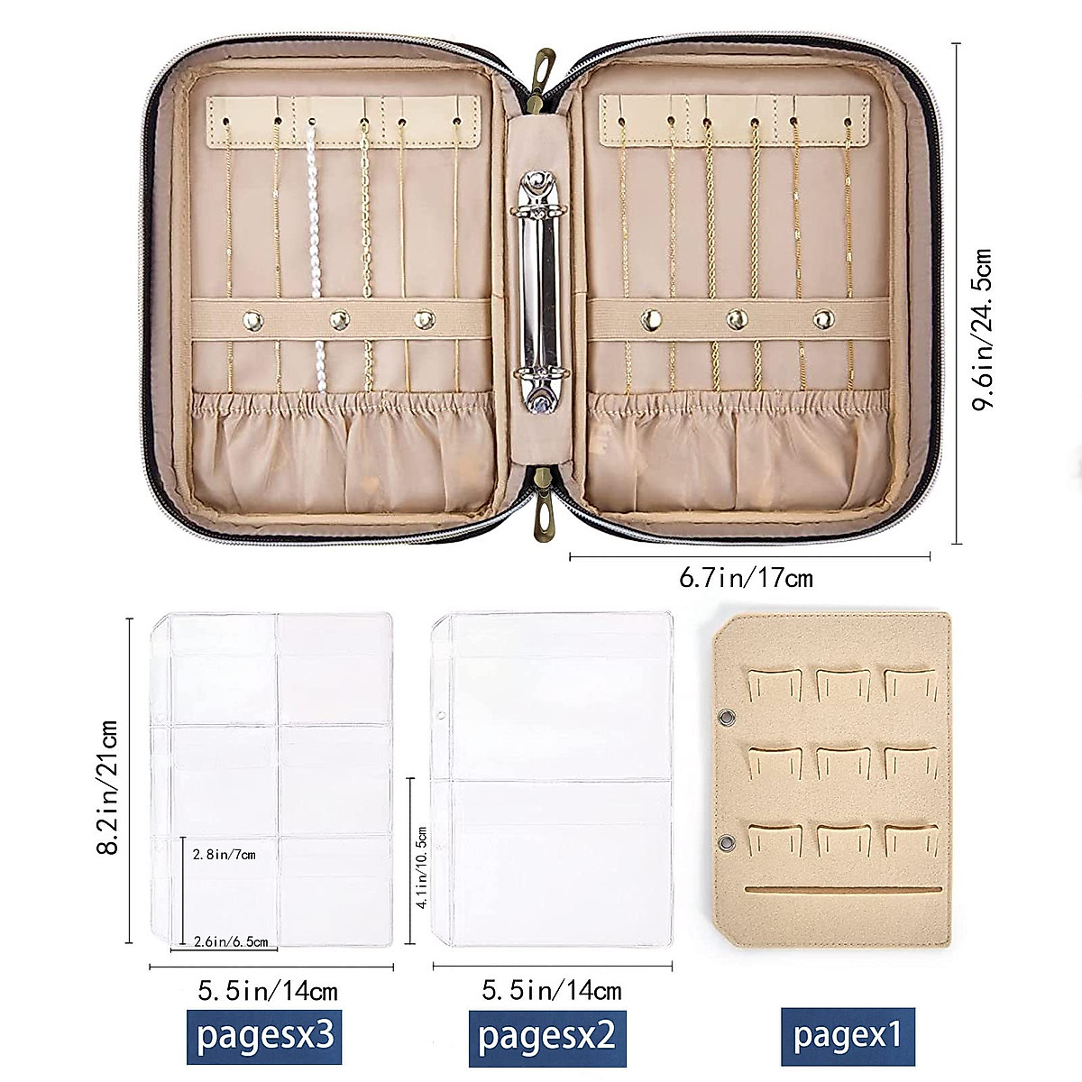 Travel Jewelry Organizer LAEDO Case Transparent Storage Book with Pockets Portable Bag Ring Binder Zipper Pouch for Necklace, Earrings, Rings, Bracelet, Black, One size