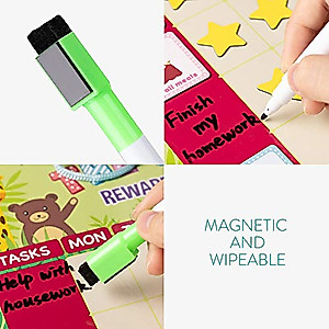 Navaris Kids Magnetic Reward Chart - Behavior Rewards Weekly Bedtime Chore Home Planner for Children - with Stars, Activity Magnets, Pen - Zoo Design