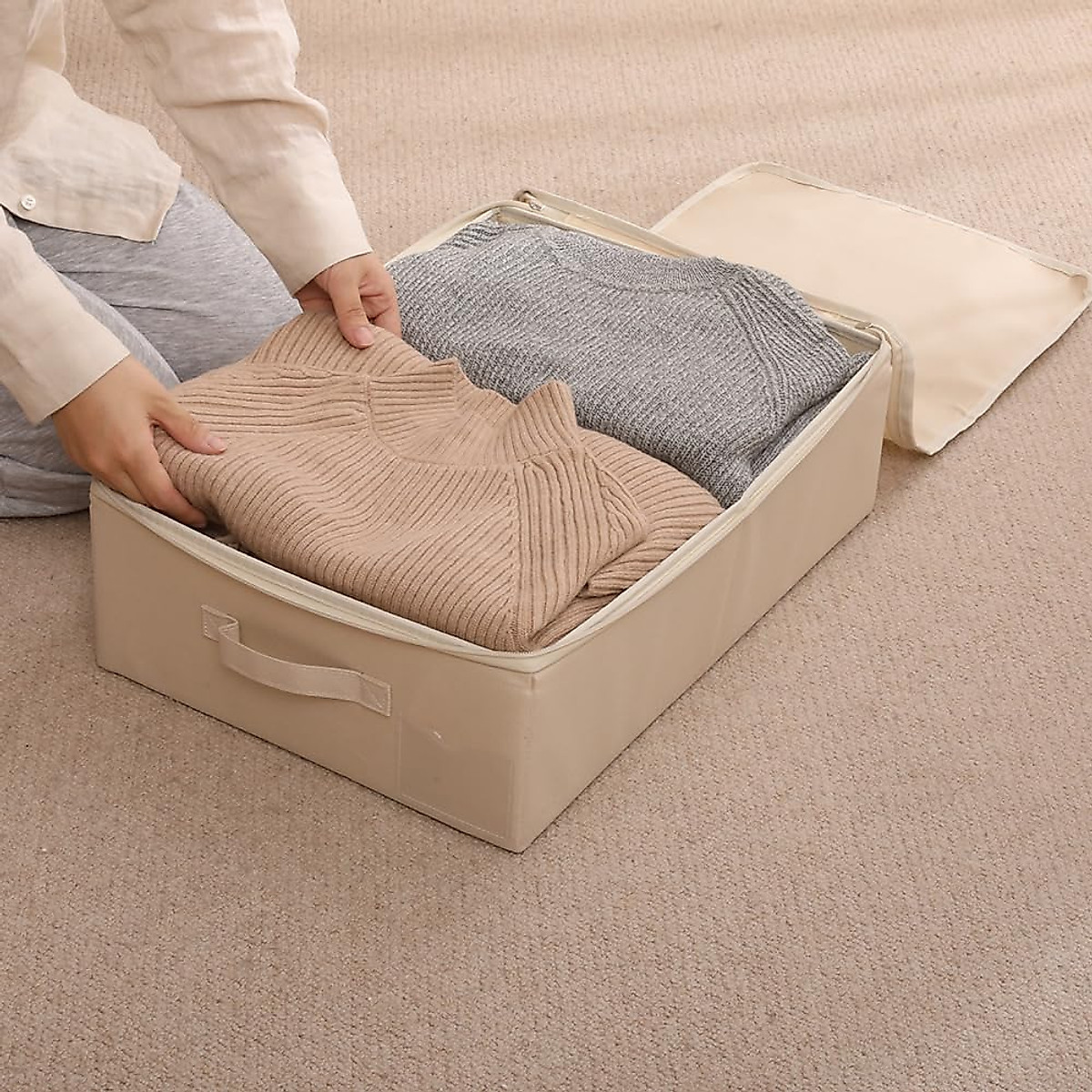 iwill CREATE PRO Pack of 2, 20.5X 14.2X 6.3, Shallow Fabric Folding Storage Box with Soft Zip Lid for Underpants/Scarves/Socks in Bedroom Wardrobe, or Electronics Accessories Organizer, Beige