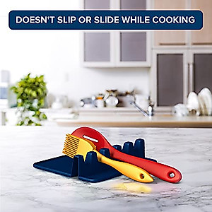 Silicone Spoon Rest Holder for Stove Top, Silicon Utensil Rests for Kitchen Countertop, Large Heat Resistant Spatula Spoon Reat for Cooking with 5 Slots with Drip Pad BBQ Utensil Holder (Sapphire)