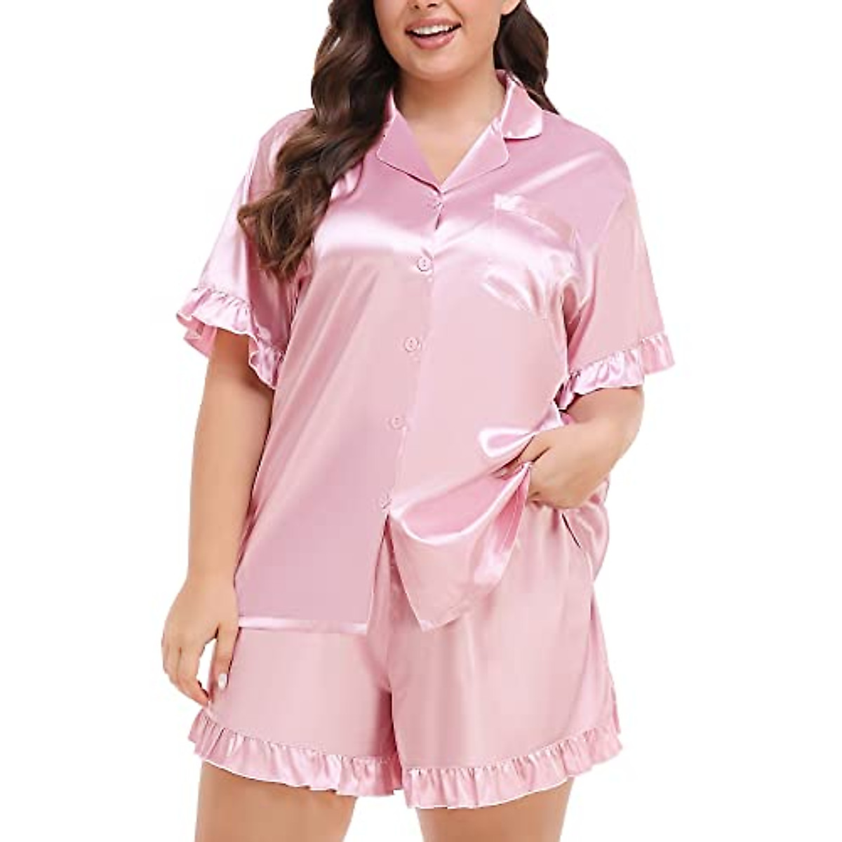 SWOMOG Womens Satin Plus Size Pajamas Silk Short Sleeve Pj Sets Ruffle Shorts 2 Piece Sleepwear Bride Soft Lounge Set 18-26W Pink