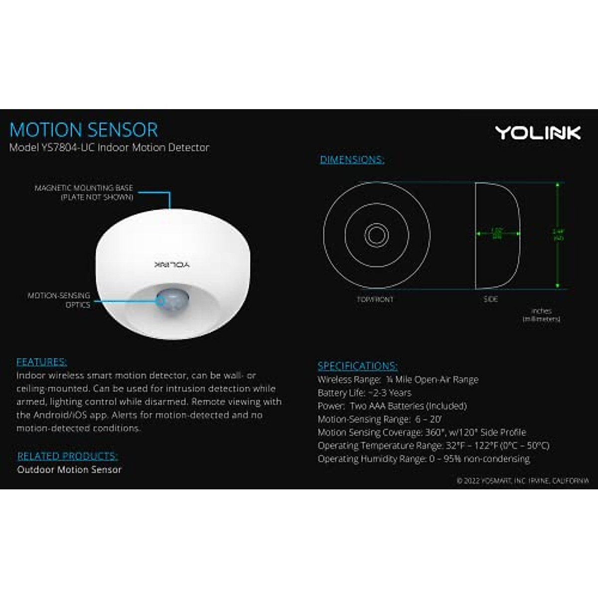 YoLink Motion Sensor, 1/4 Mile Long Range Smart Home Indoor Wireless Motion Detector Sensor Works with Alexa, IFTTT, and Home Assistant. Movement Detector App Alerts Remote Monitor-YoLink Hub Required