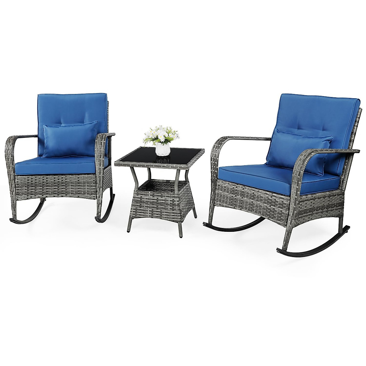 FUNKOCO 3 Pieces Patio PE Rattan Conversation Chair Set, Outdoor Furniture Rocking Chair Set with Water-Proof Cushion&Coffee Table for Garden,Backyard and Porch (Dark Blue)